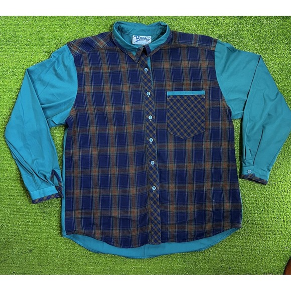 Shirts | Vintage Color Block Shirt Xl Button Up Turquoise Plaid 7s 80s ...